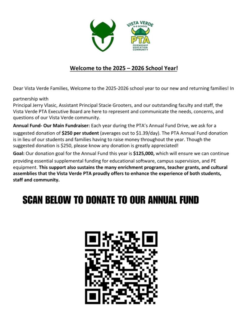 WELCOME TO THE 2025 – 2026 SCHOOL YEAR! – Vista Verde PTA